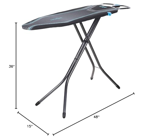 Minky Ergo Prozone Ironing Board | Made in UK | Dual Iron Rest, Heat Reflective Cover, Thick Felt Underlay - Freestanding Ironing Board with Large 48" x 15" Ironing Surface (Gunmetal and Blue)