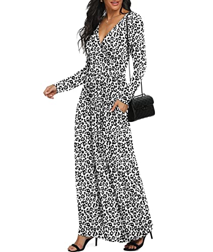 LILBETTER Women Long Sleeve Deep V Neck Loose Plain Long Maxi Casual Dress(F Leopard White, XX-Large)