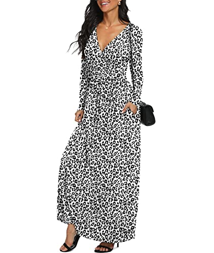 LILBETTER Women Long Sleeve Deep V Neck Loose Plain Long Maxi Casual Dress(F Leopard White, XX-Large)
