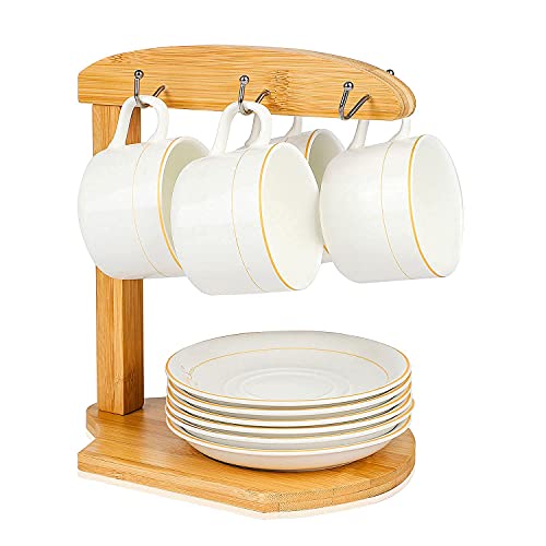 TAIHE Coffee Mug Holder, Coffee Mug Rack with Saucer Basket Storage, 6 Hooks can Hanging Your Love Mug & Cup & Tea Cup, Countertop Cup Hold 8x6 x9 (Natural Bamboo)