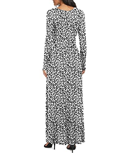 LILBETTER Women Long Sleeve Deep V Neck Loose Plain Long Maxi Casual Dress(F Leopard White, XX-Large)