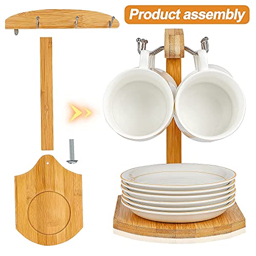 TAIHE Coffee Mug Holder, Coffee Mug Rack with Saucer Basket Storage, 6 Hooks can Hanging Your Love Mug & Cup & Tea Cup, Countertop Cup Hold 8x6 x9 (Natural Bamboo)