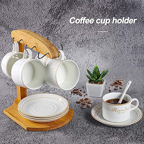 TAIHE Coffee Mug Holder, Coffee Mug Rack with Saucer Basket Storage, 6 Hooks can Hanging Your Love Mug & Cup & Tea Cup, Countertop Cup Hold 8x6 x9 (Natural Bamboo)