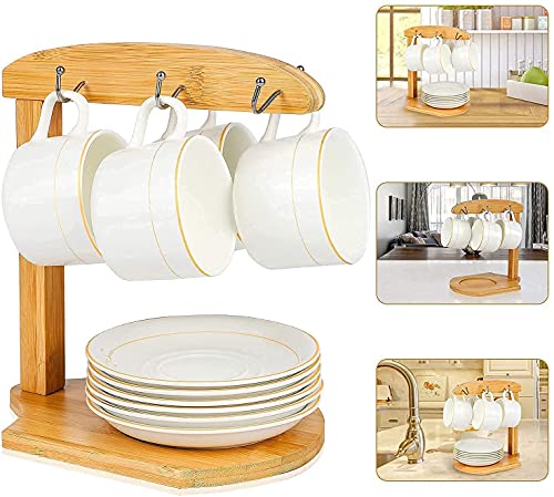 TAIHE Coffee Mug Holder, Coffee Mug Rack with Saucer Basket Storage, 6 Hooks can Hanging Your Love Mug & Cup & Tea Cup, Countertop Cup Hold 8x6 x9 (Natural Bamboo)
