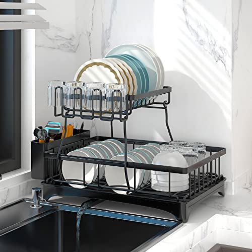B BEAUTYBABY 2 Tier Dish Drying Rack with Drainboard Dish Racks for Kitchen Counter Dish Drainers Set with Utensils Holder Auto-Drainage Large Capacity Stainless Steel Dish Rack Detachable
