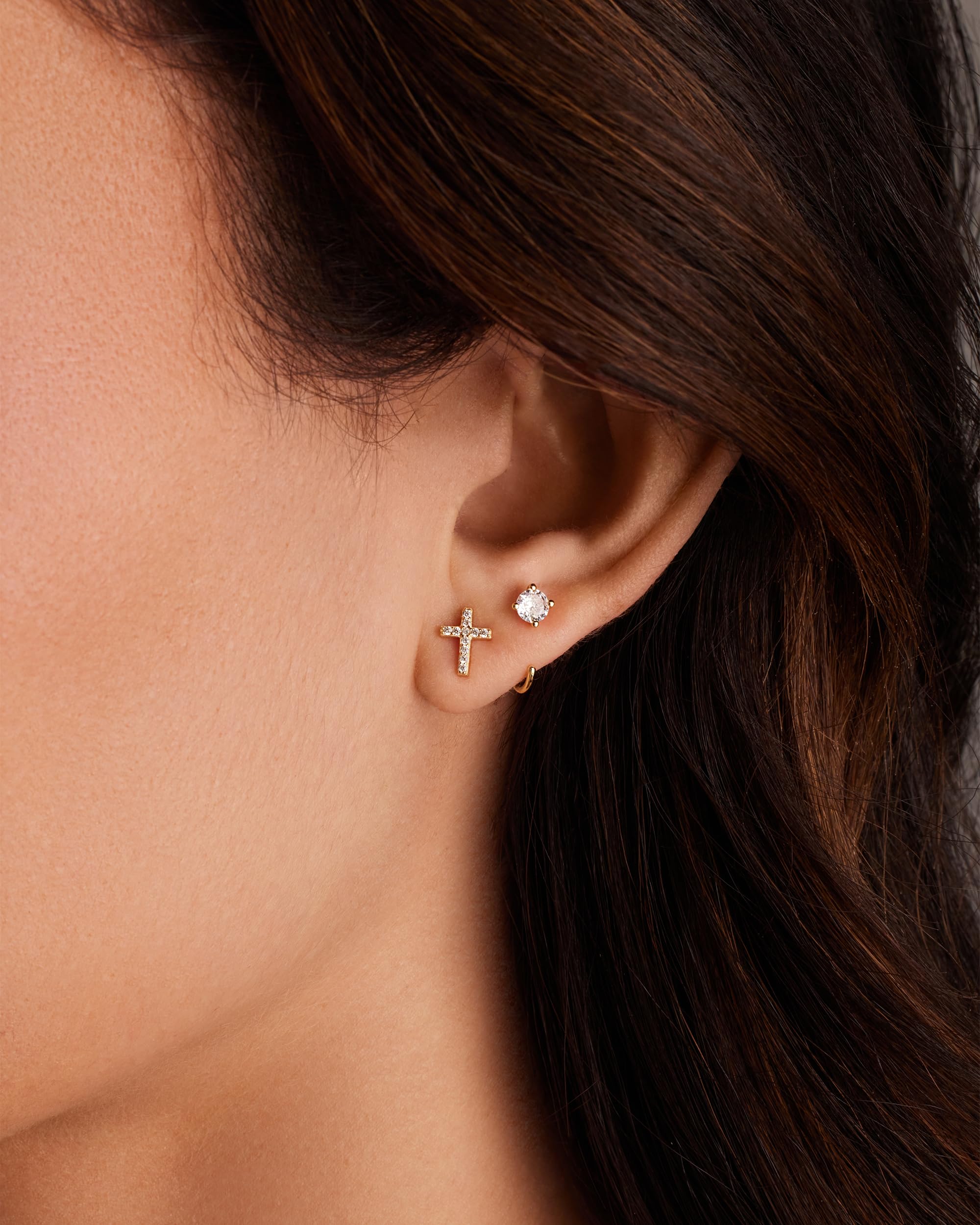 PAVOI 14K Gold Plated 925 Sterling Silver Huggie Half Hoop Earrings | Hypoallergenic Minimalist Tiny Cartilage Earring (Round CZ, White Gold)
