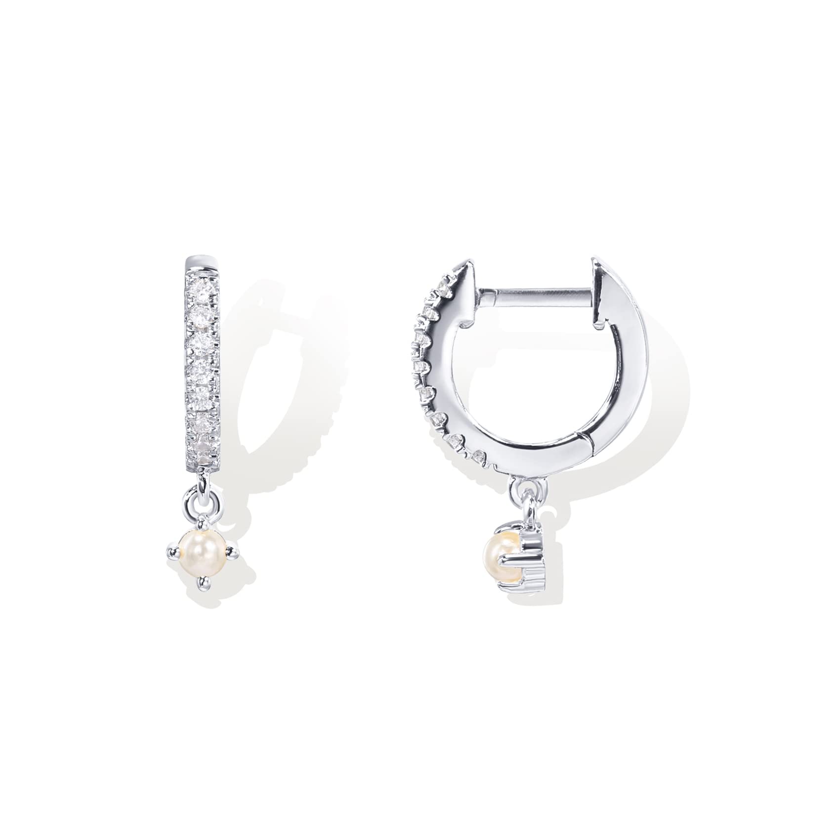 PAVOI Rhodium Plated 925 Sterling Silver Post Trendy Cubic Zirconia and Pearl Dangle Huggie Earrings for Women - Small Gold Hinged Pearl Huggie Hoop Earrings