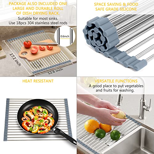 Over The Sink Dish Drying Rack Adjustable (25.5-31.5in) with Roll Up Dish Rack Over Sink, 2 Tier Stainless Steel Large Dish Drainer for Kitchen Counter Organizer Storage Space Saver with Utility Hooks