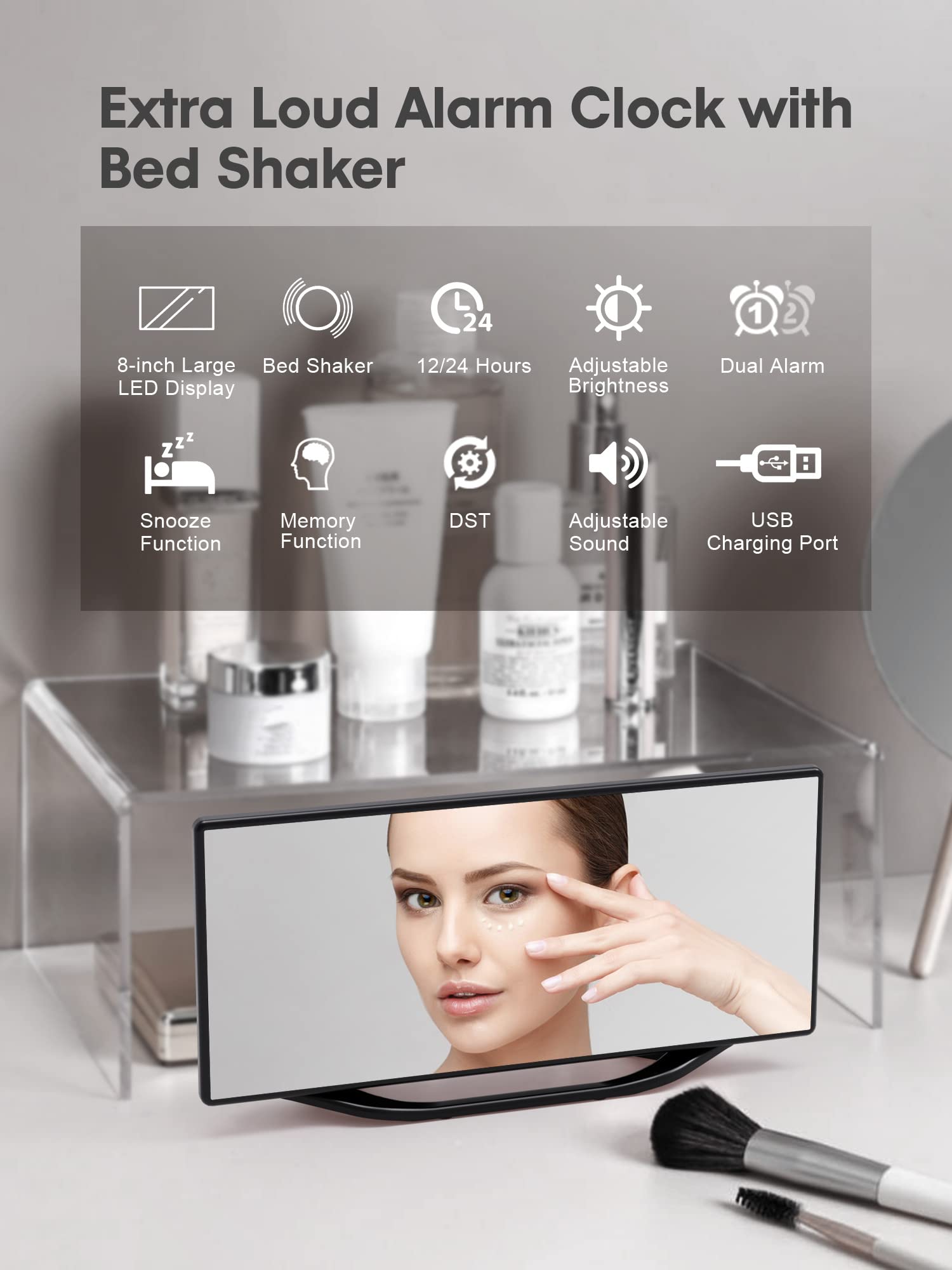 OnLyee Dual Extra Loud Alarm Clock for Heavy Sleepers, Vibrating Alarm Clock with Bed Shaker, 8.7" Large LED Mirror Display, USB Charger, Dimmer, Snooze & Battery Backup
