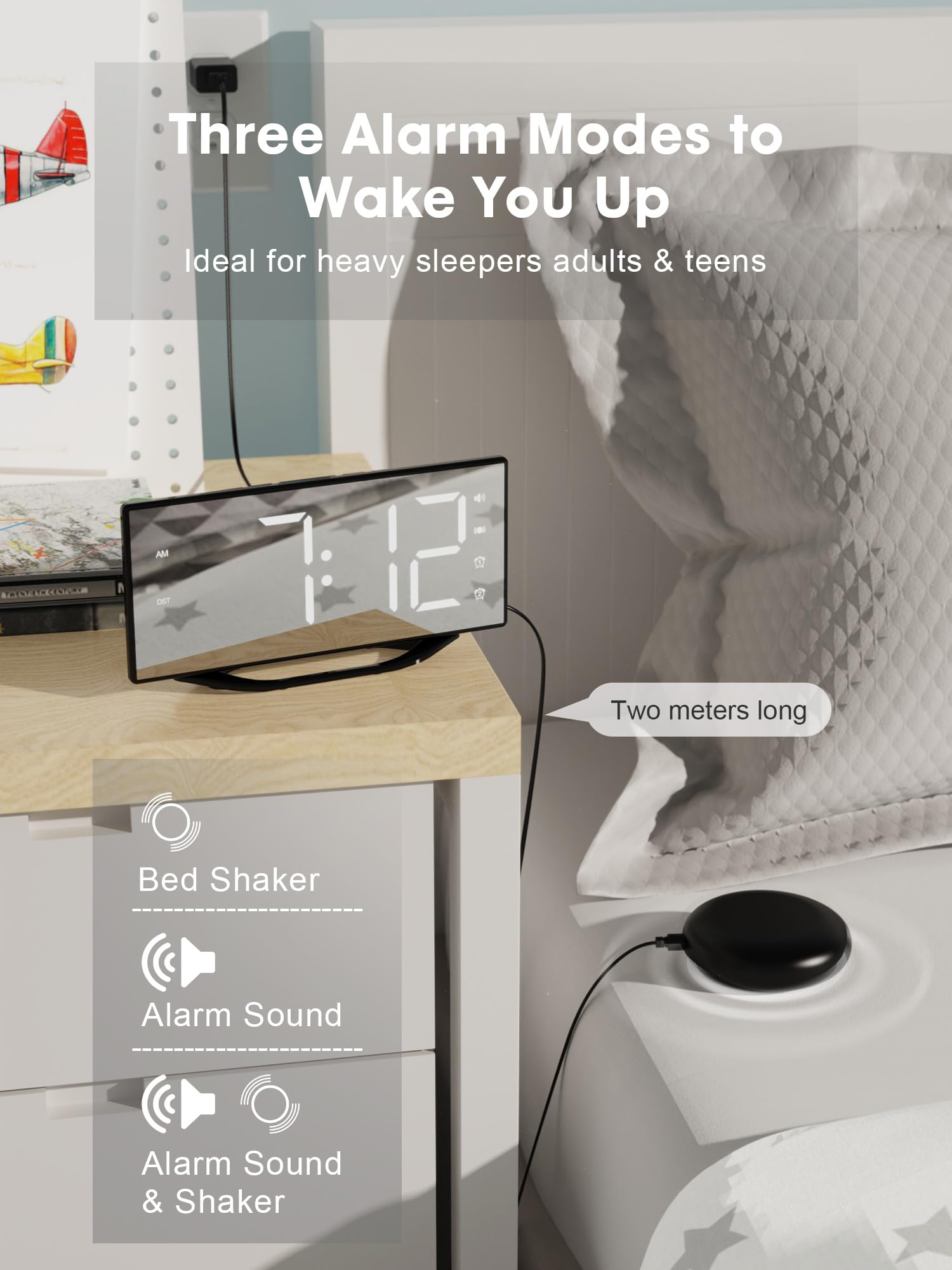 OnLyee Dual Extra Loud Alarm Clock for Heavy Sleepers, Vibrating Alarm Clock with Bed Shaker, 8.7" Large LED Mirror Display, USB Charger, Dimmer, Snooze & Battery Backup