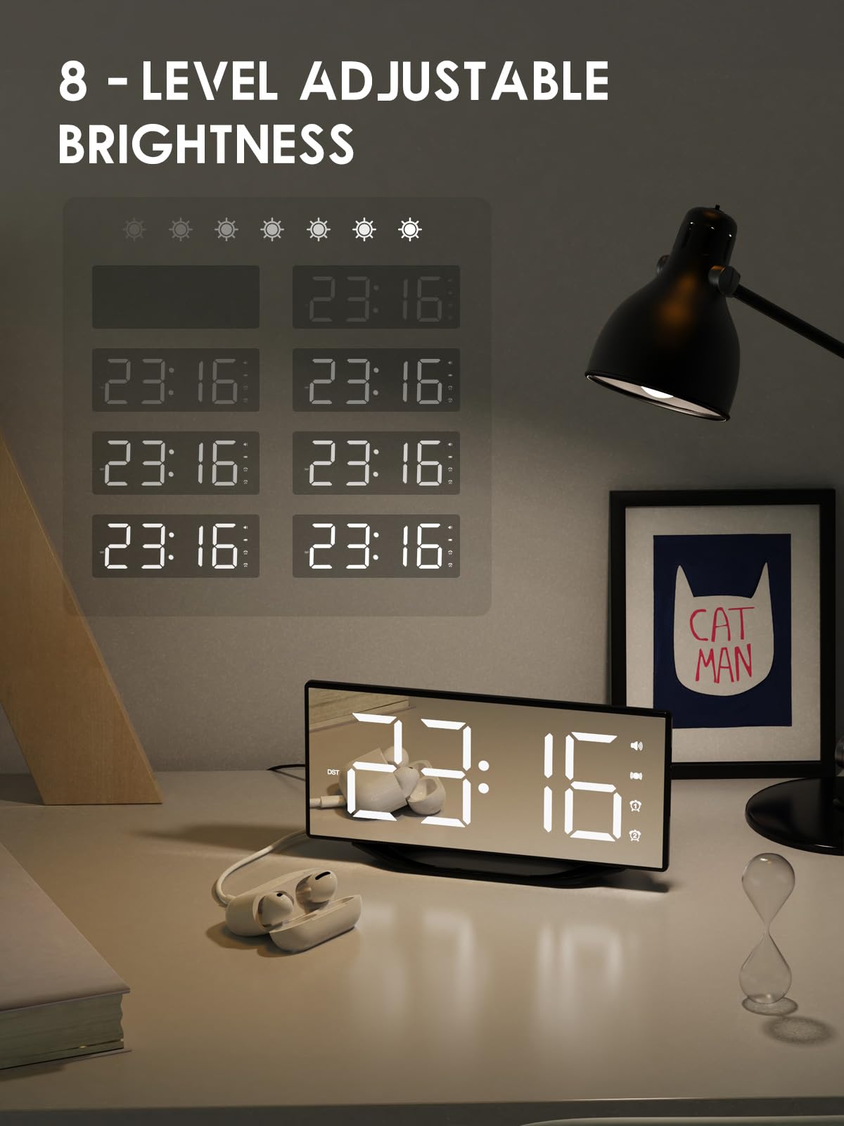 OnLyee Dual Extra Loud Alarm Clock for Heavy Sleepers, Vibrating Alarm Clock with Bed Shaker, 8.7" Large LED Mirror Display, USB Charger, Dimmer, Snooze & Battery Backup