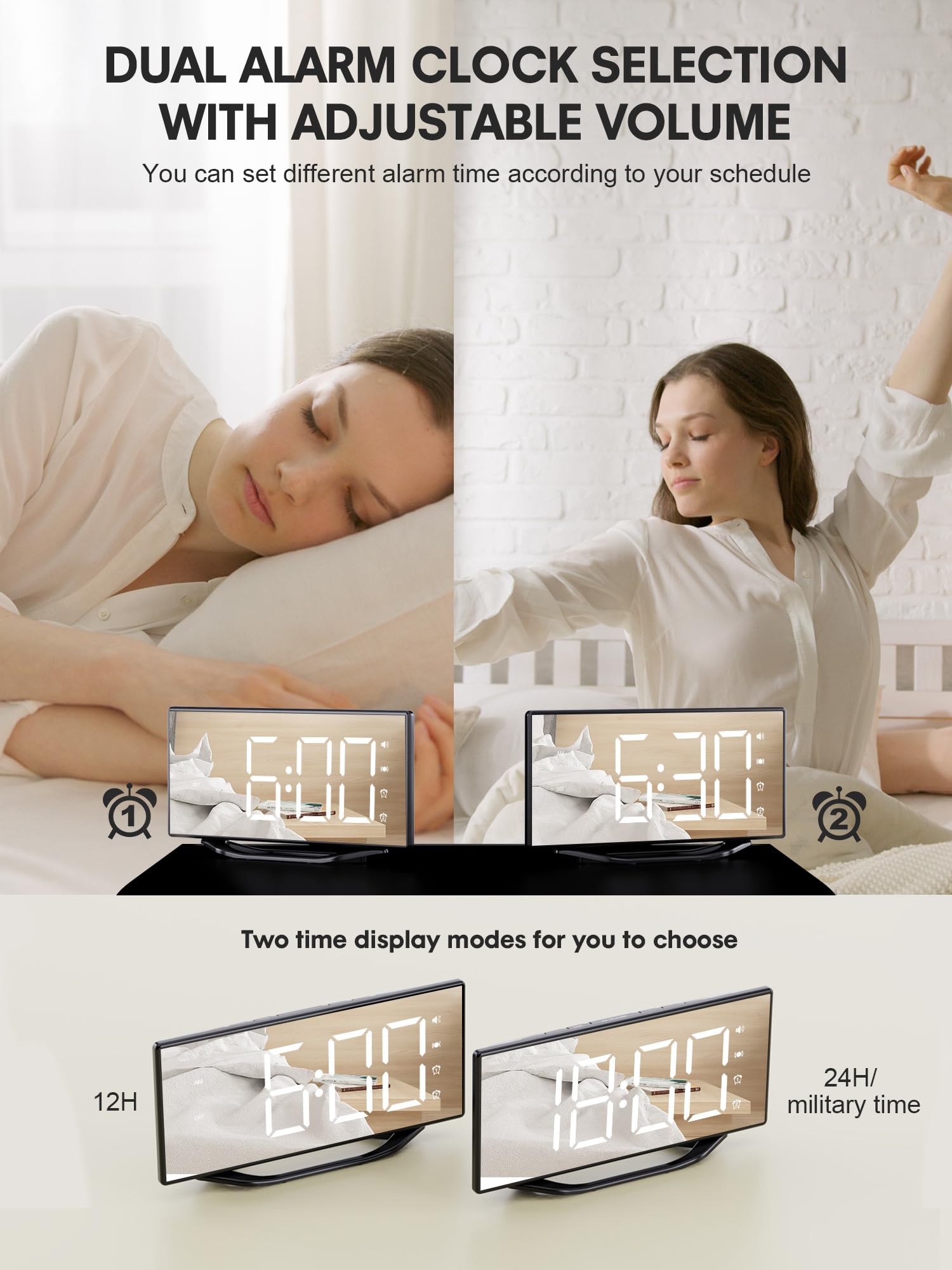 OnLyee Dual Extra Loud Alarm Clock for Heavy Sleepers, Vibrating Alarm Clock with Bed Shaker, 8.7" Large LED Mirror Display, USB Charger, Dimmer, Snooze & Battery Backup