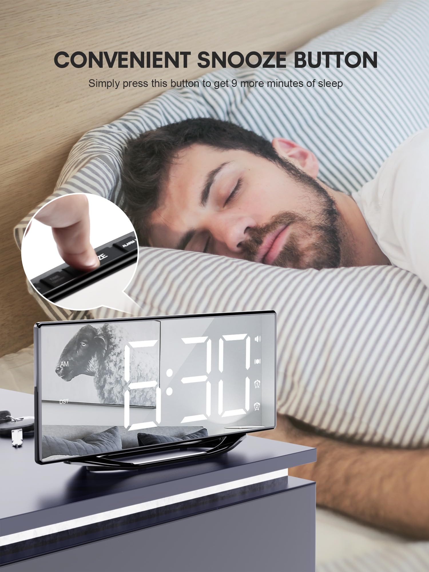 OnLyee Dual Extra Loud Alarm Clock for Heavy Sleepers, Vibrating Alarm Clock with Bed Shaker, 8.7" Large LED Mirror Display, USB Charger, Dimmer, Snooze & Battery Backup
