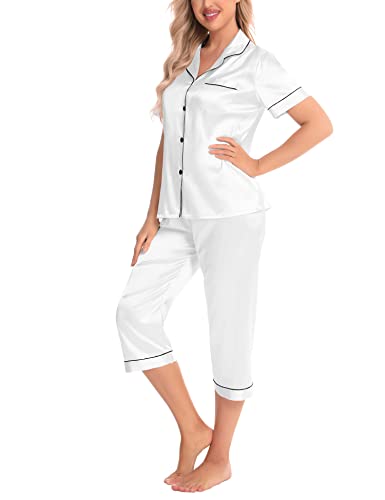SWOMOG Satin Pajama Set Women Silk Pjs Set Short Sleeve 2 Piece Button Down Sleepwear Lounge Sets White