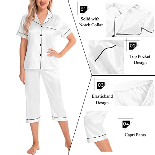 SWOMOG Satin Pajama Set Women Silk Pjs Set Short Sleeve 2 Piece Button Down Sleepwear Lounge Sets White