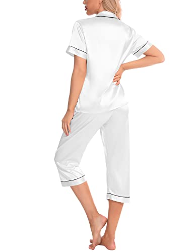 SWOMOG Satin Pajama Set Women Silk Pjs Set Short Sleeve 2 Piece Button Down Sleepwear Lounge Sets White