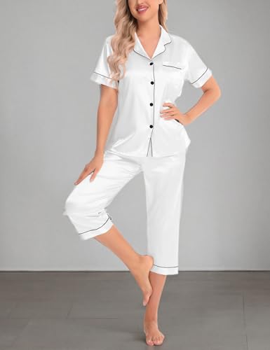 SWOMOG Satin Pajama Set Women Silk Pjs Set Short Sleeve 2 Piece Button Down Sleepwear Lounge Sets White