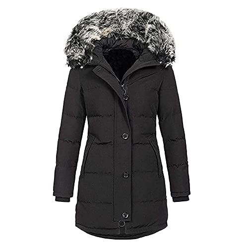 Womens Winter Puffer Coats Warm Faux Fur Hood Zip Up Padded Down Jackets Plus Size Waterproof Parka Outwear with Pocket Black