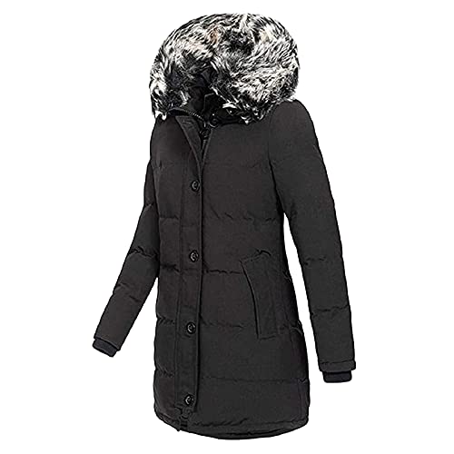 Womens Winter Puffer Coats Warm Faux Fur Hood Zip Up Padded Down Jackets Plus Size Waterproof Parka Outwear with Pocket Black