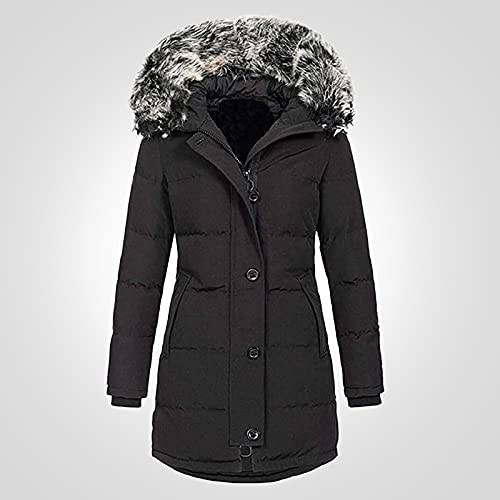 Womens Winter Puffer Coats Warm Faux Fur Hood Zip Up Padded Down Jackets Plus Size Waterproof Parka Outwear with Pocket Black
