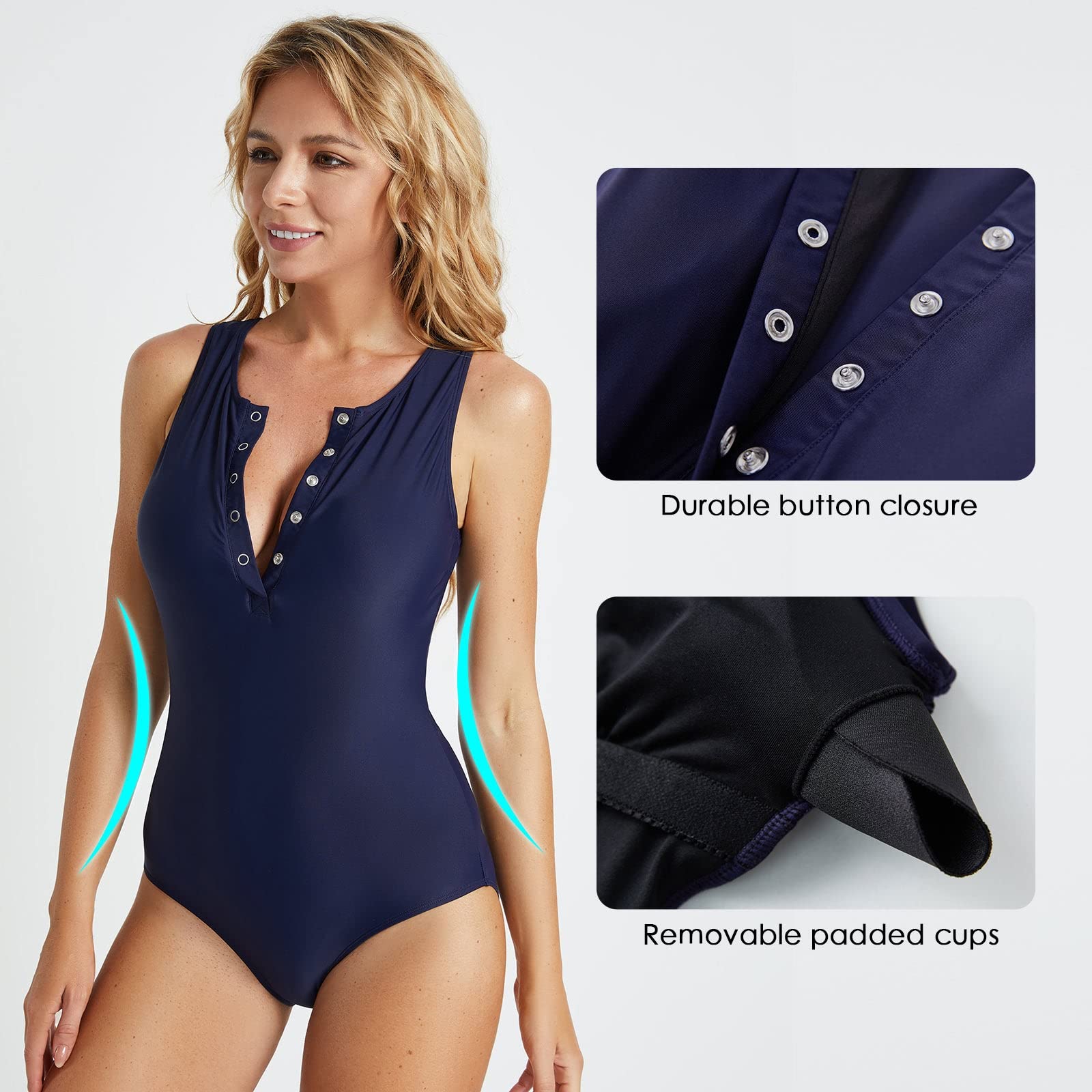 baleaf Retro One Piece Swimsuits for Women, Modest Full Coverage Padded Push Up Longline Bathing Suits Dark Blue L