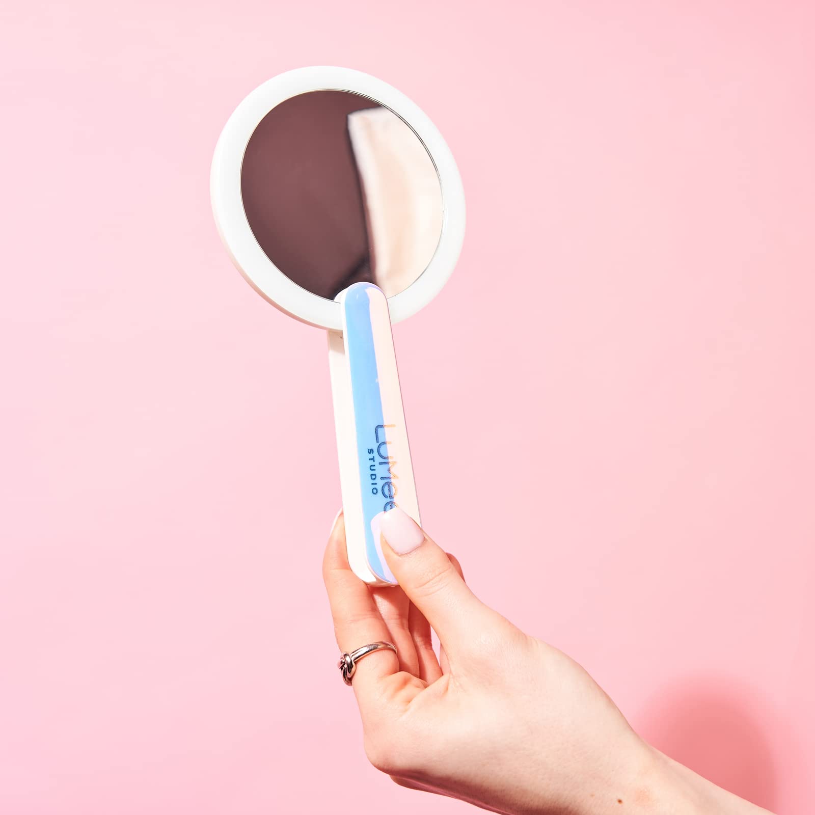 Lumee Lighted Makeup Mirror - LED Light Round Mirror with Rechargeable Battery, Folding Handle - Compact Portable Hand Mirror for Party Travel Office - Iridescent (Included USB A to Micro USB Cable)