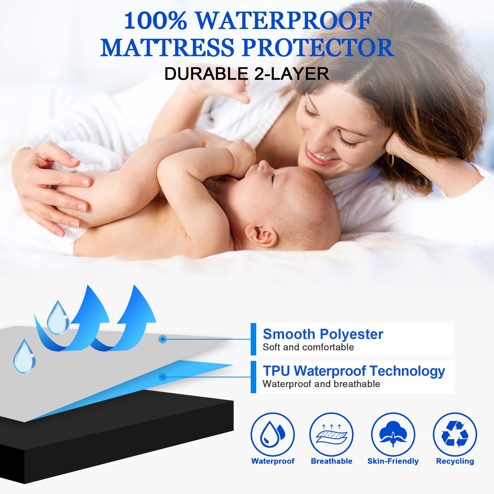Sufdari Twin Mattress Protector Waterproof,Mattress Cover Twin Size for Bed,18" Deep Pocket Fitted Sheet Style Mattress Protector with Elastic Rubber Band-Black,Twin