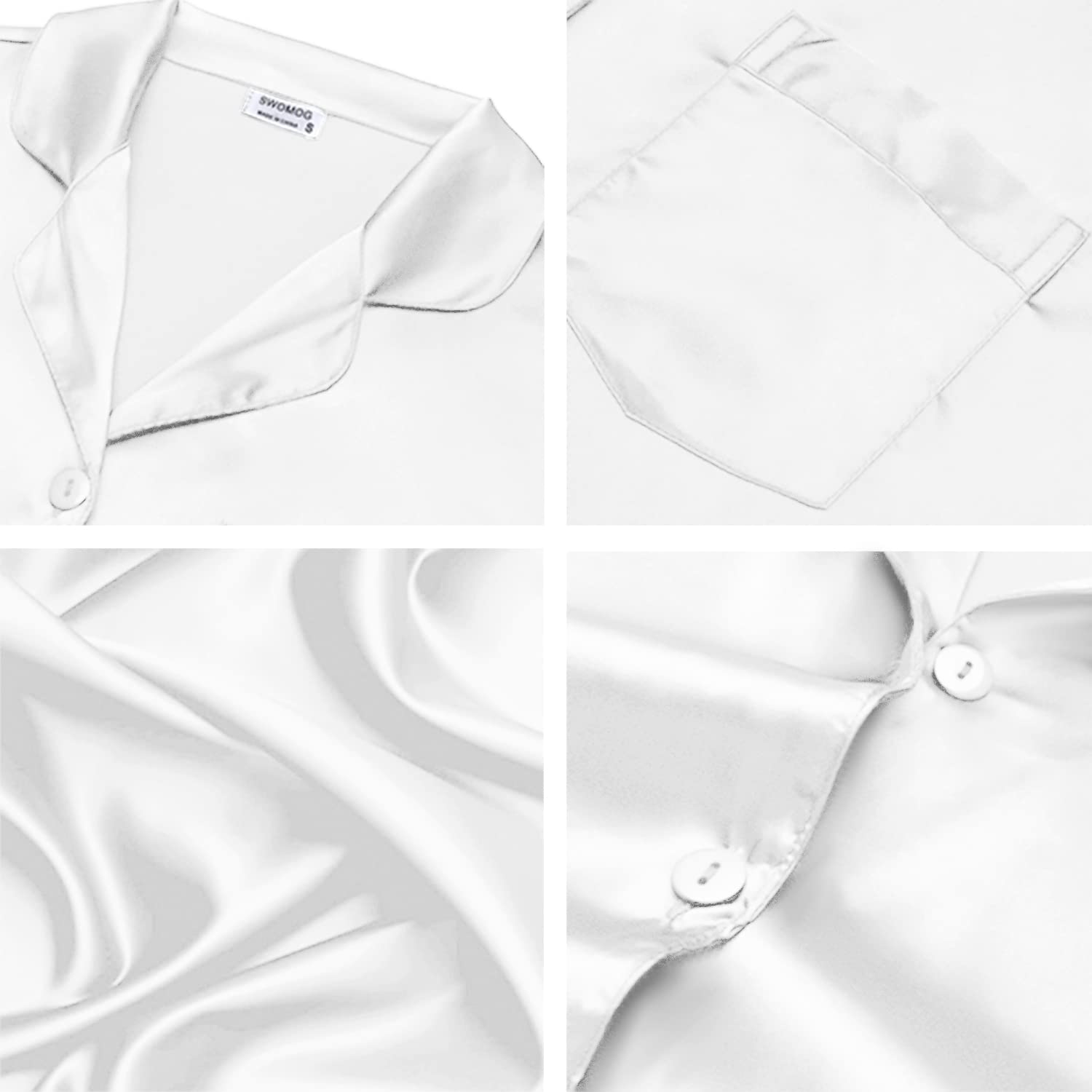 SWOMOG Long Sleeve Pajamas Set Silk Satin Sleepwear Button Down Pjs Loungewear with Pocket White Small