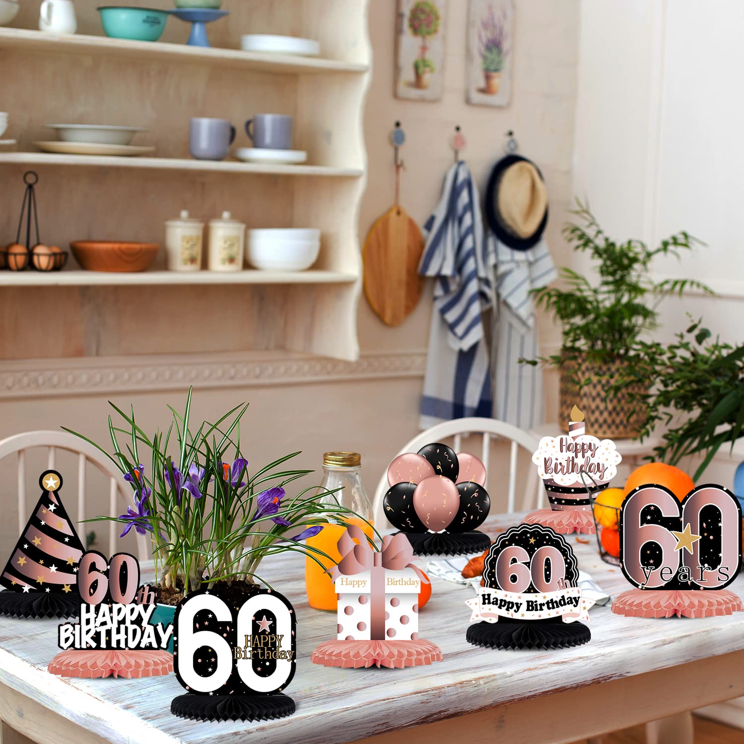 LINGTEER Happy 60th Birthday Rose Gold Table Honeycomb Centerpieces Cheers to 60th Birthday Sixty Years Old Party Table Decorations Gift Sign.