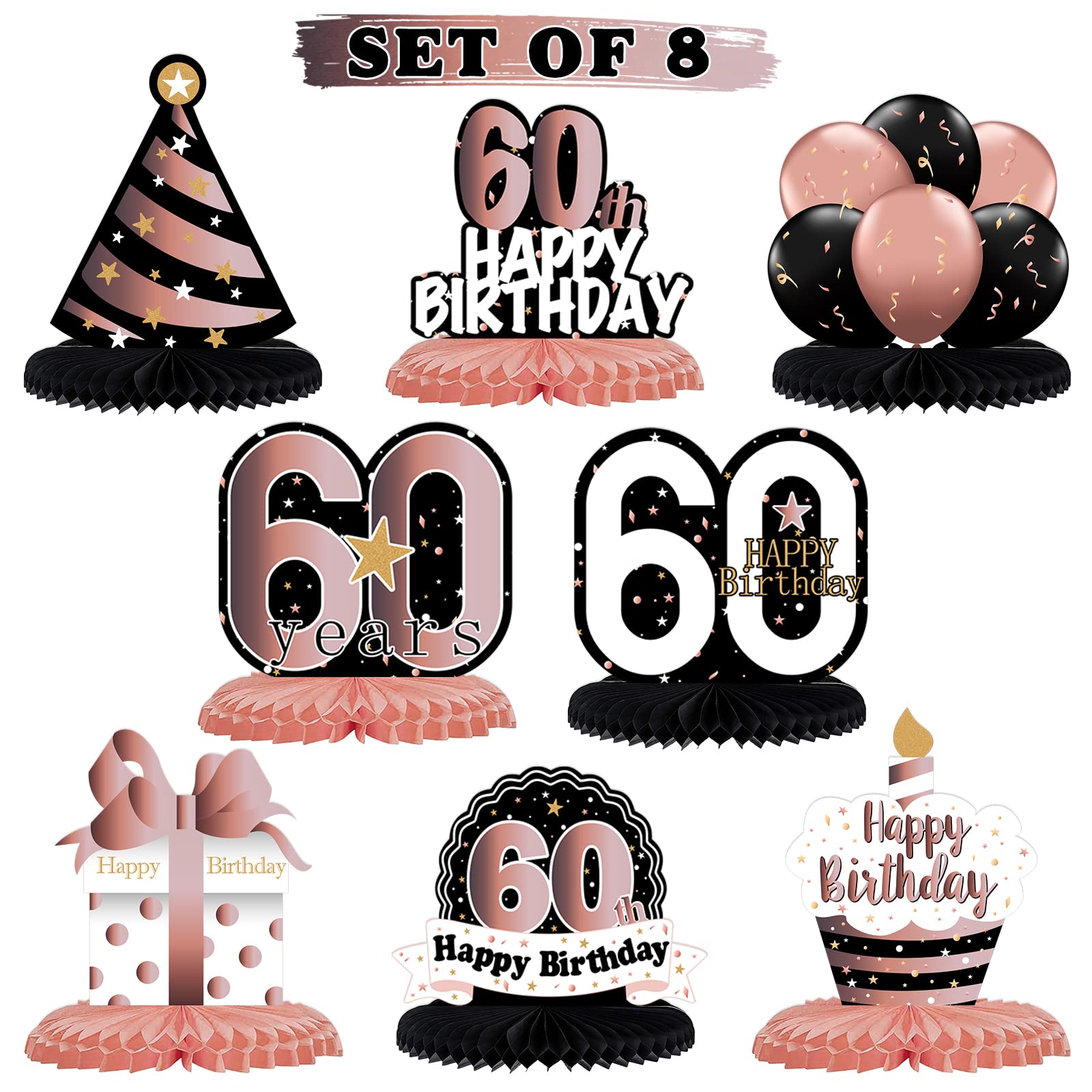 LINGTEER Happy 60th Birthday Rose Gold Table Honeycomb Centerpieces Cheers to 60th Birthday Sixty Years Old Party Table Decorations Gift Sign.
