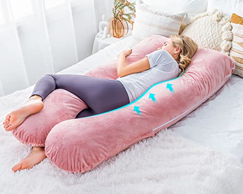 Meiz Pregnancy Pillows, U Shaped Pregnancy Pillows for Sleeping, Full Body Maternity Pillow for Pregnant Women with Machine Washable Velvet Cover, Pink