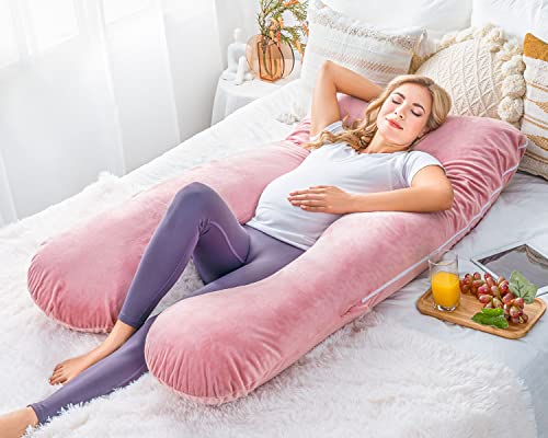 Meiz Pregnancy Pillows, U Shaped Pregnancy Pillows for Sleeping, Full Body Maternity Pillow for Pregnant Women with Machine Washable Velvet Cover, Pink