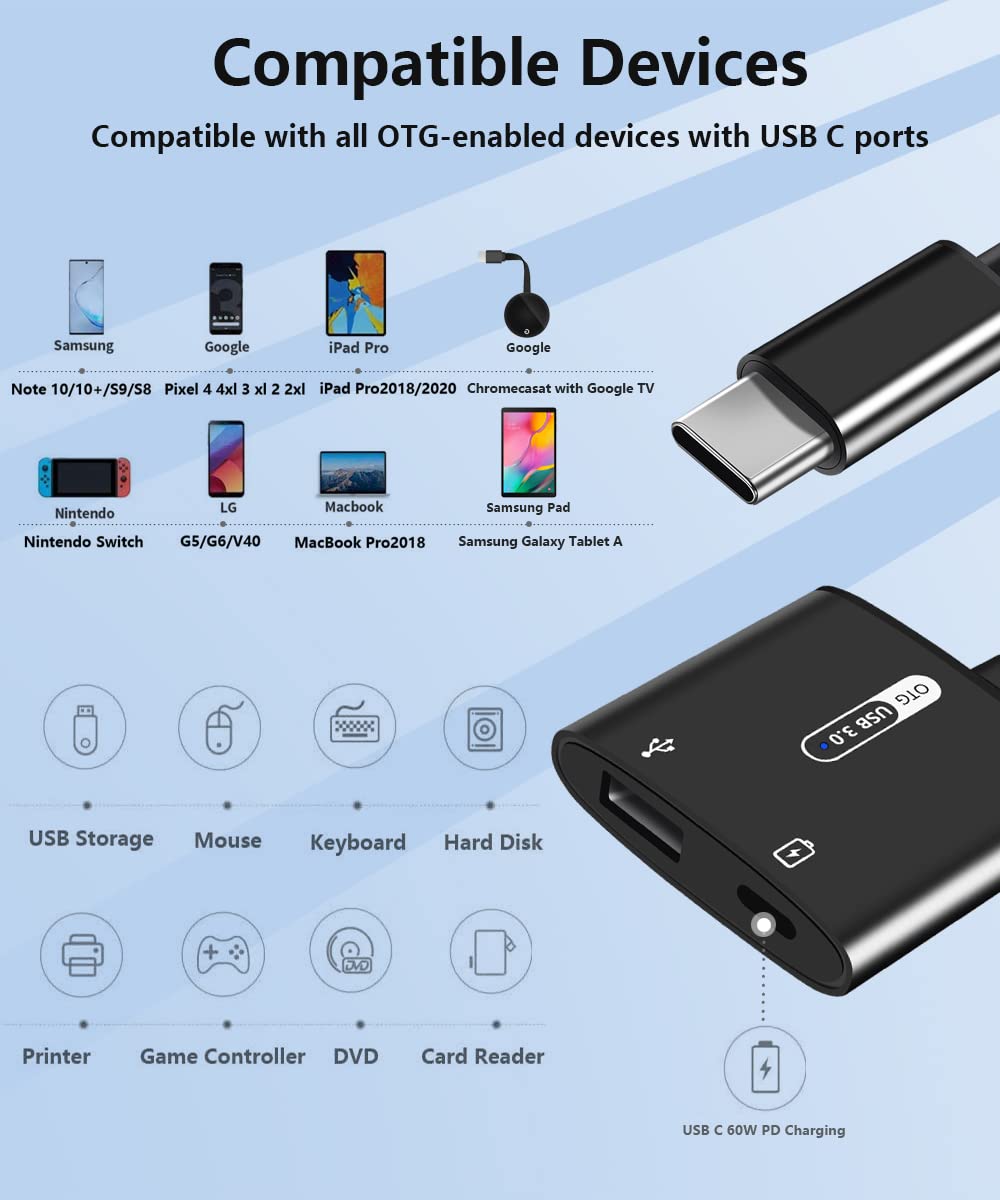 USB C OTG Adapter with Power, 2 in 1 USB C to USB with 60W PD Charging Adapter Compatible with iPhone 15/15 Pro, iPad Pro, Galaxy S24/S23/S21/Tab S8/S9, Pixel 8/7/6, Google Chromecast with Google TV