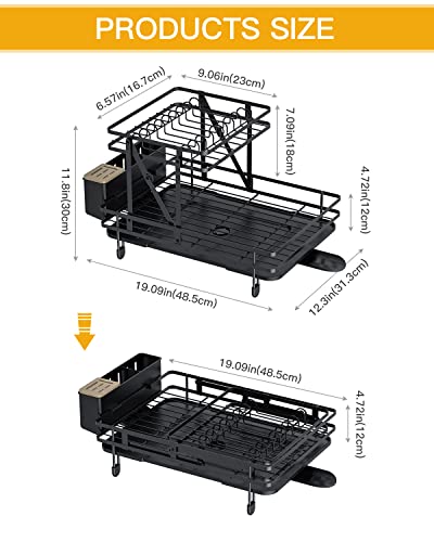 Uamector Large Dish Drying Rack, 2 Tier Stainless Steel Dish Racks with Drainage and Utensil Holder, Drying Rack Kitchen with Drainboard Set, Foldable Dish Drainers for Kitchen Counter Black