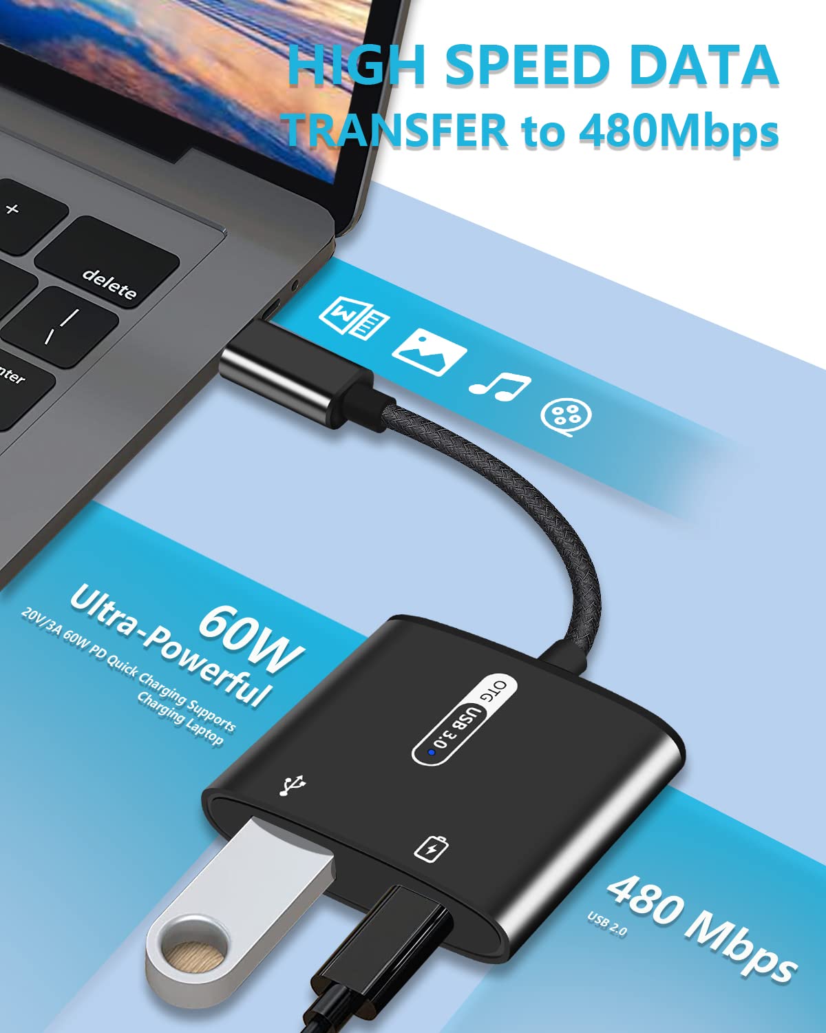 USB C OTG Adapter with Power, 2 in 1 USB C to USB with 60W PD Charging Adapter Compatible with iPhone 15/15 Pro, iPad Pro, Galaxy S24/S23/S21/Tab S8/S9, Pixel 8/7/6, Google Chromecast with Google TV