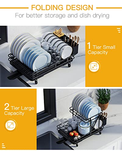 Uamector Large Dish Drying Rack, 2 Tier Stainless Steel Dish Racks with Drainage and Utensil Holder, Drying Rack Kitchen with Drainboard Set, Foldable Dish Drainers for Kitchen Counter Black