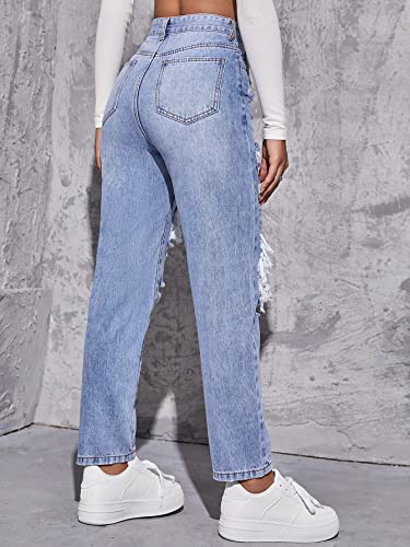 MakeMeChic Women's High Waist Straight Leg Ripped Jeans Distressed Denim Pants Light Wash M