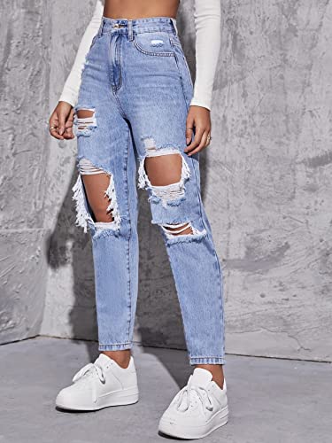 MakeMeChic Women's High Waist Straight Leg Ripped Jeans Distressed Denim Pants Light Wash M
