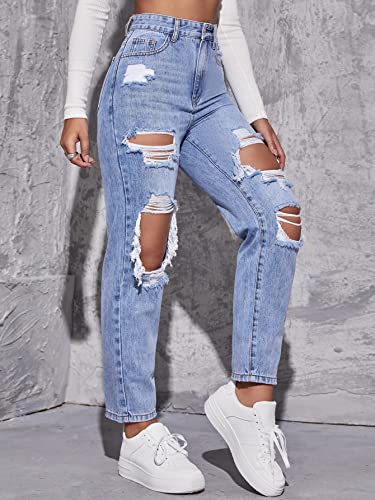 MakeMeChic Women's High Waist Straight Leg Ripped Jeans Distressed Denim Pants Light Wash M