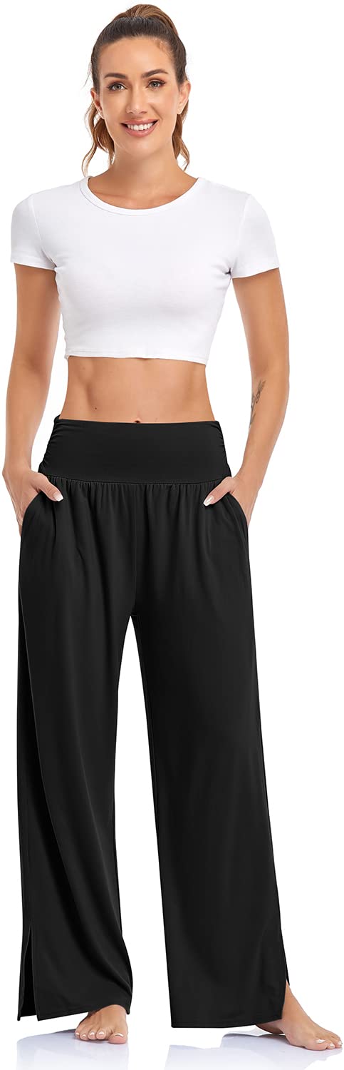 UEU Womens Wide Leg Yoga Pants High Waisted Side Slit Joggers Casual Loose Lounge Sweatpants with Pockets- 28" Inseam (Black, S)