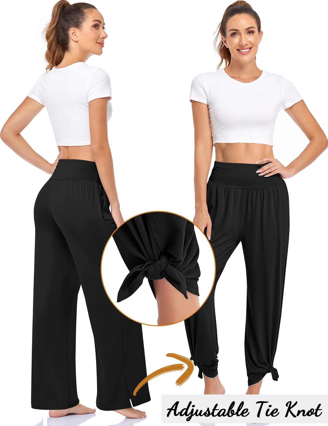 UEU Womens Wide Leg Yoga Pants High Waisted Side Slit Joggers Casual Loose Lounge Sweatpants with Pockets- 28" Inseam (Black, S)
