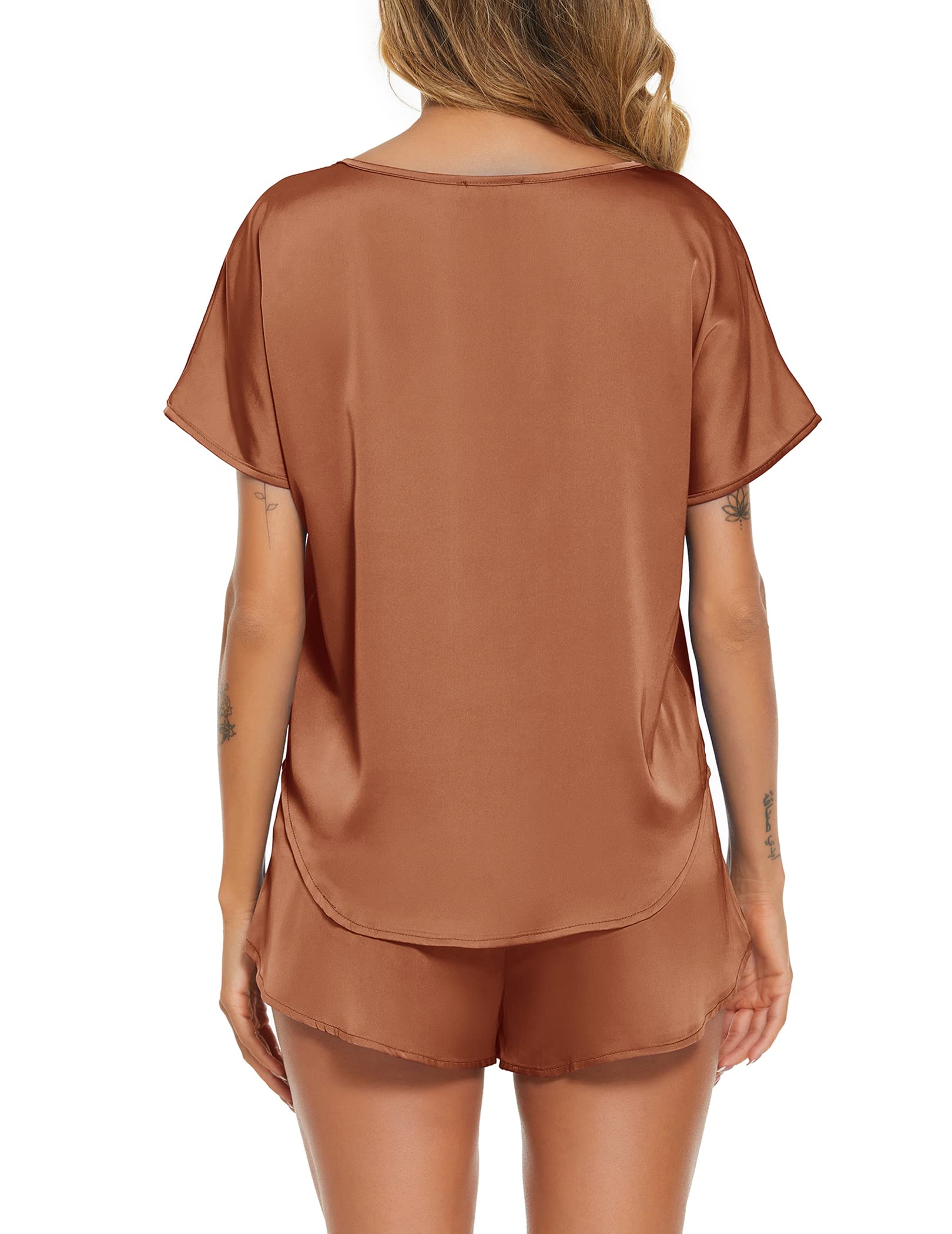 Ekouaer Women Satin Pajama Set Short Sleeve Lightweight Silk Pajama Set 2 Piece Lounge Sets with Shorts Dark Brown