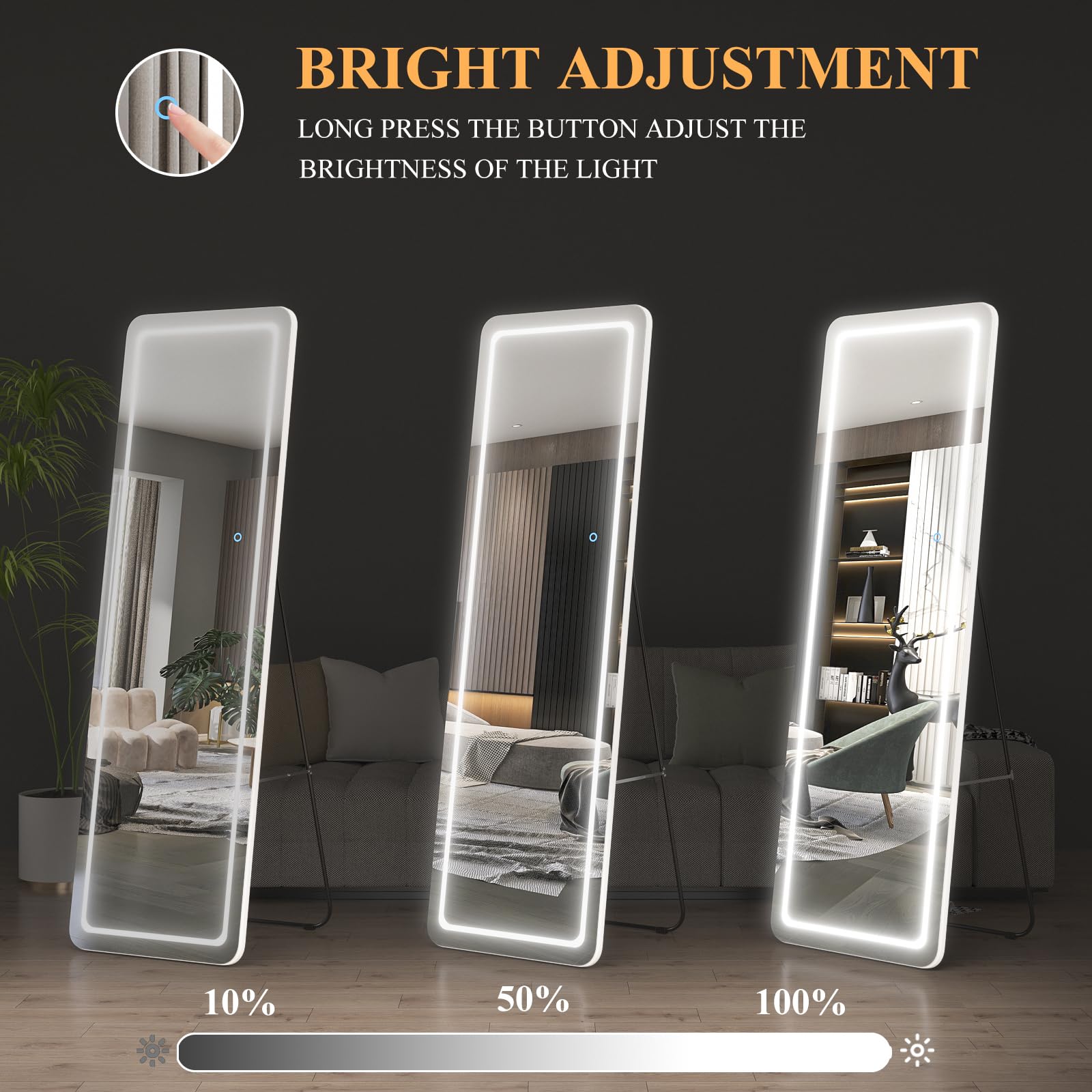 EDTEMI Full Length Mirror, 63"x20", LED Stand Up Body Mirror for Bedroom, Wall Mounted with Dimming & 3 Color Modes (White)