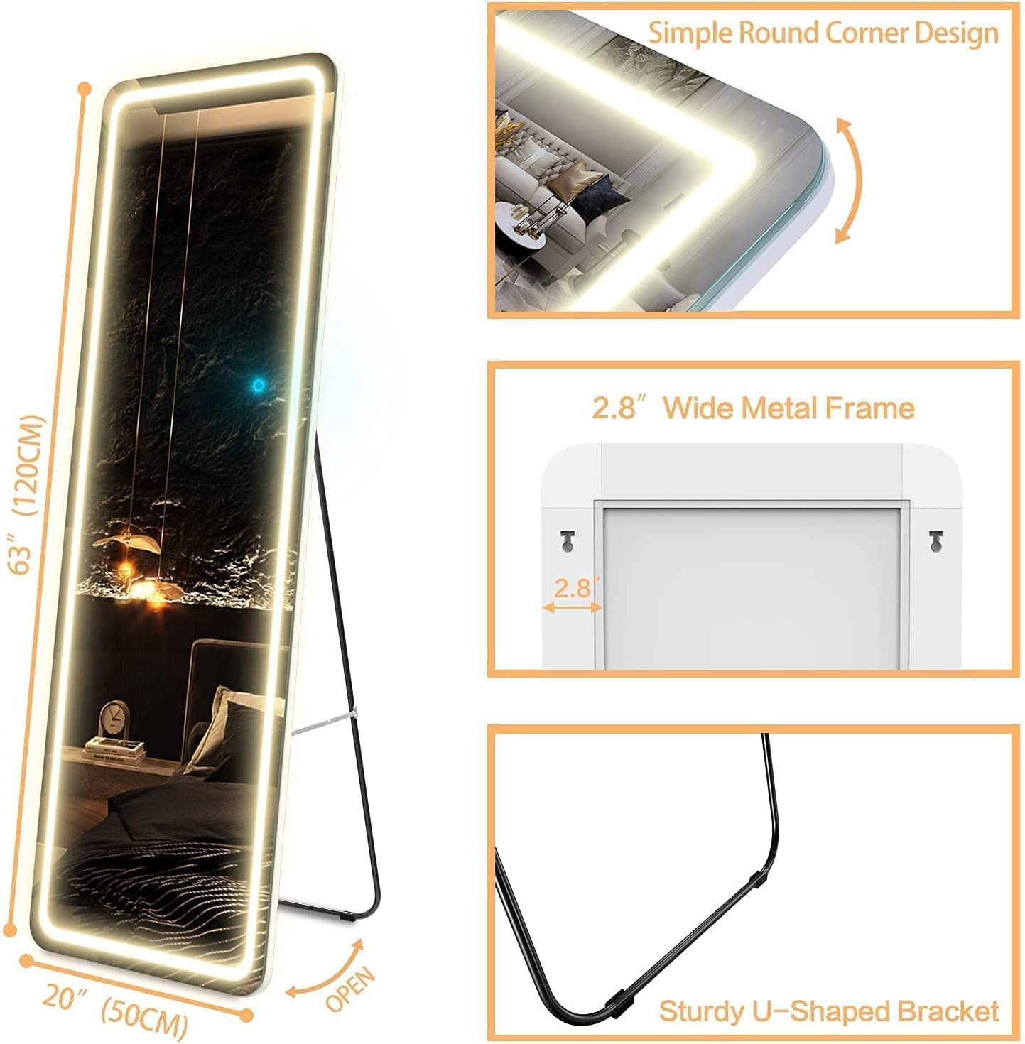 EDTEMI Full Length Mirror, 63"x20", LED Stand Up Body Mirror for Bedroom, Wall Mounted with Dimming & 3 Color Modes (White)