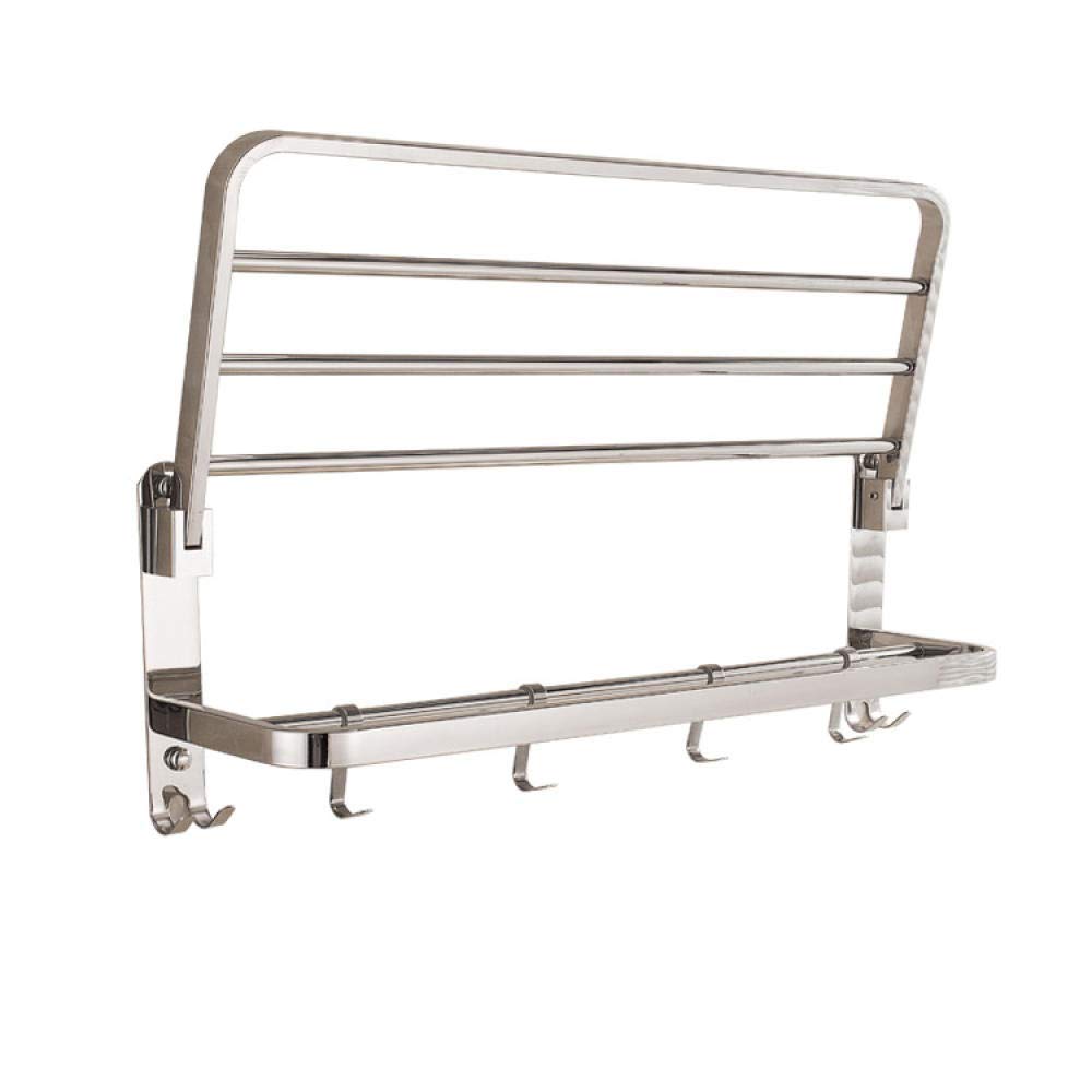 SUS304 Stainless Steel Thickened Mirror Polished Double Layer Foldable Towel Rack with Hook-Length 60CM Wall Mounted Towel Bar Hanging for Kitchen Bathroom Cupboard (Length 60CM)