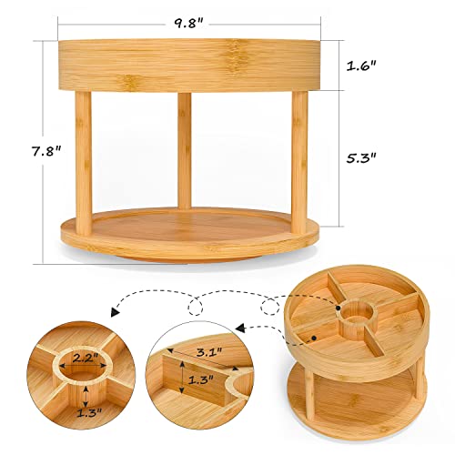 2 Tier Lazy Susan Spice Organizer - Bamboo Wooden Two Tier Lazy Susan Turntable with 4 DIY Partition Board 9.8 inch for Cabinet
