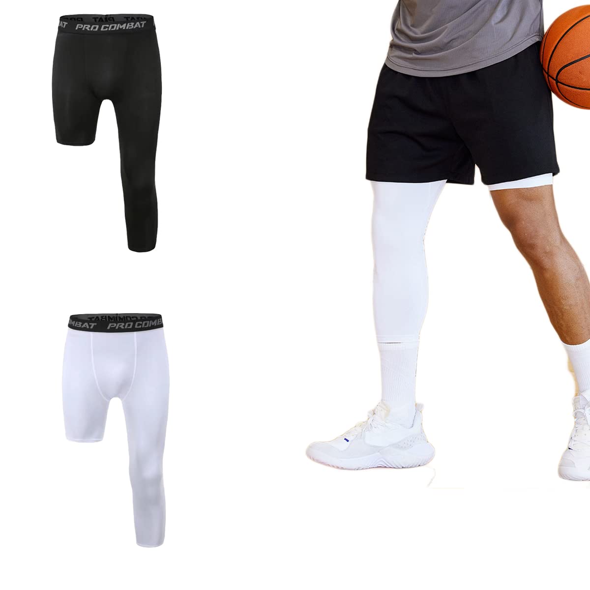 Jonscart Men?s 3/4 One Leg Compression Capri Tights Pants Athletic Base Layer Underwear (Black-R,S)