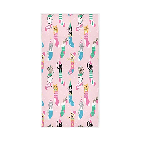 KOCOART Christmas Cute Cats in Socks Bath Hand Towels Pink New Year Kitchen Dish Towels Soft Quality Premium Washcloths Guest Fingertip Towel Decor for Bathroom Spa Gym Sport 16x30 in