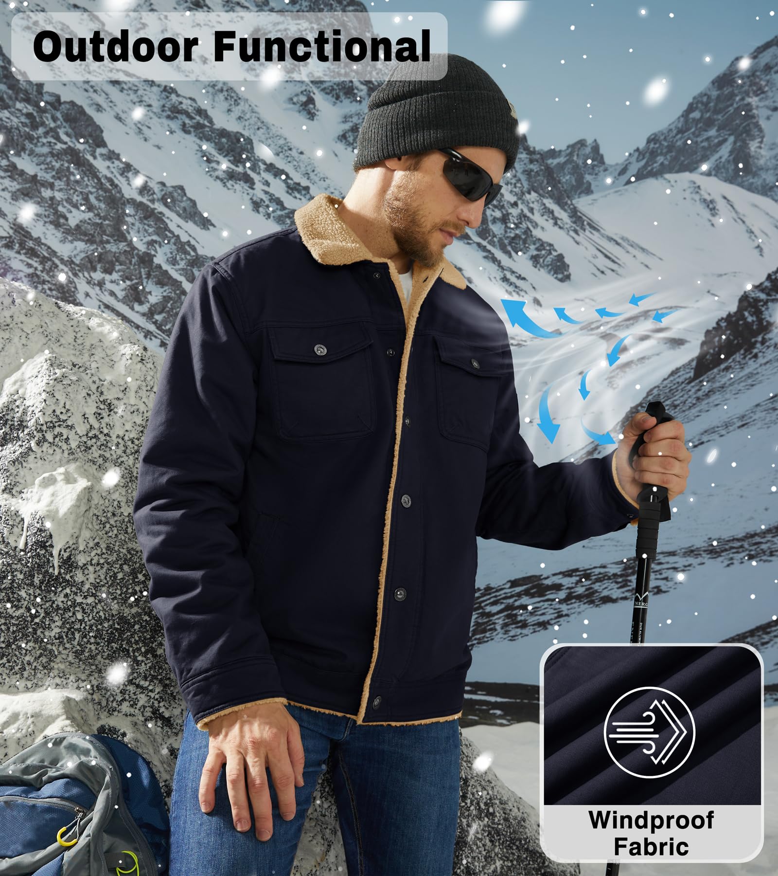 EKLENTSON Mens Jacket Winter Warm Jacket Men Outwear Jacket Windproof Jacket Hiking Jacket Sherpa Lined Jacket Men, Navy, Large