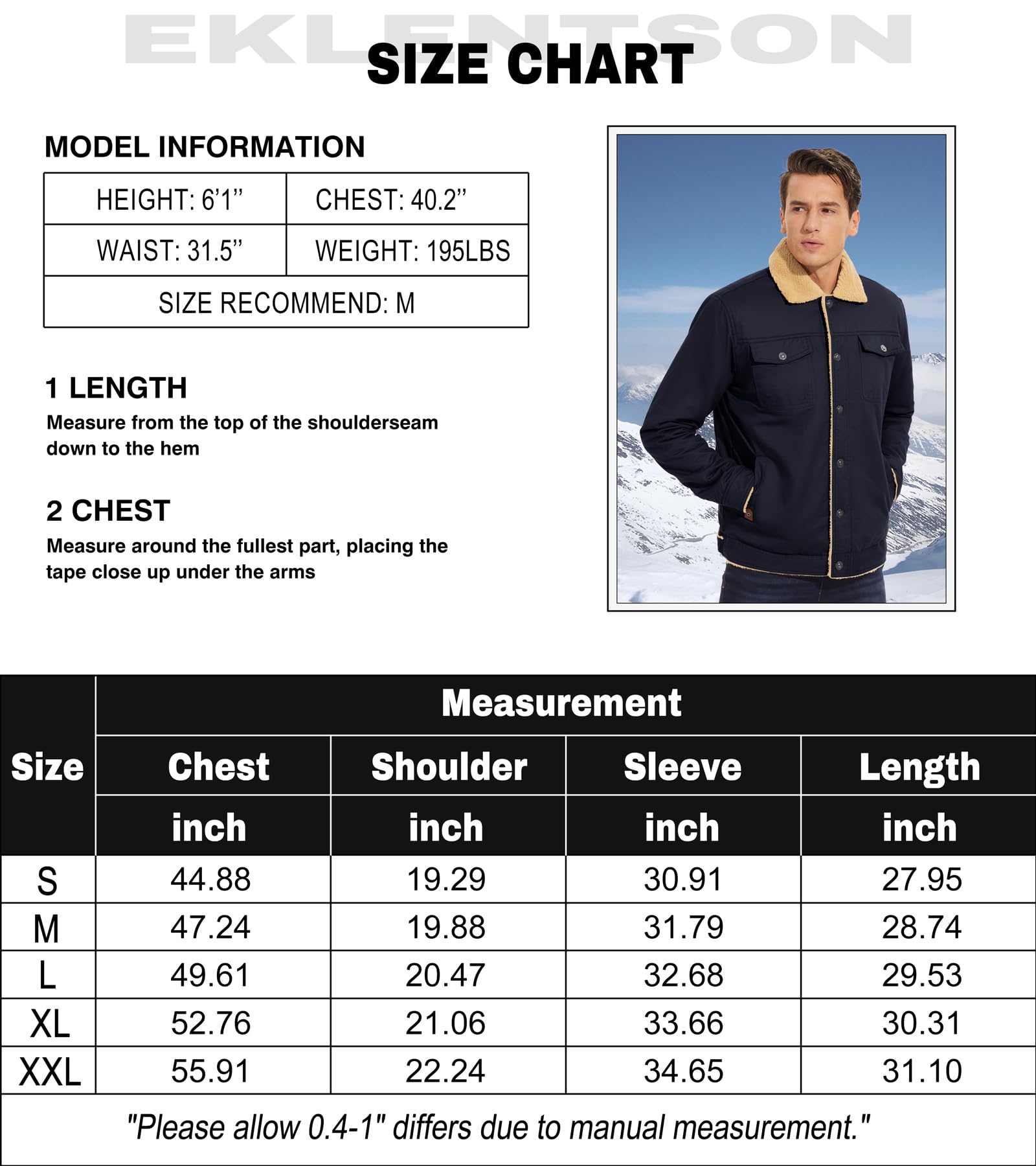 EKLENTSON Mens Jacket Winter Warm Jacket Men Outwear Jacket Windproof Jacket Hiking Jacket Sherpa Lined Jacket Men, Navy, Large